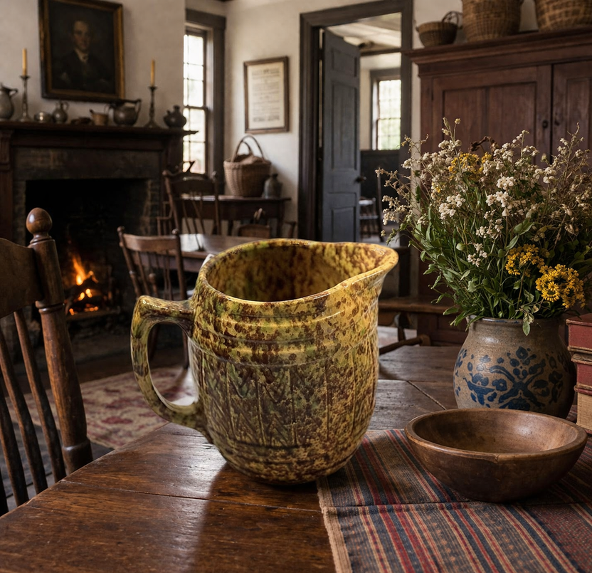 1920s Morton Pottery Large Yellow Ware Pitcher Sponged Woodland Glaze ...